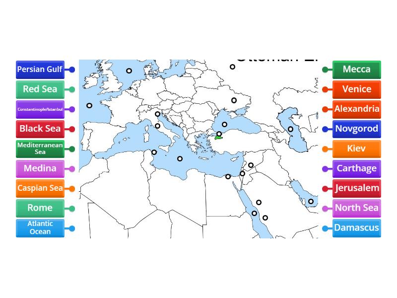 Byzantine Empire water and cities map - Labelled diagram