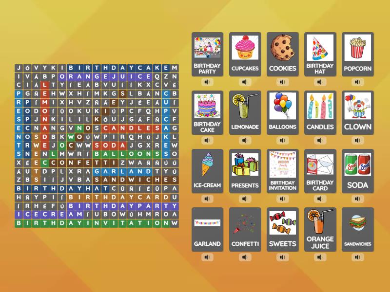 Birthday party vocabulary - Wordsearch