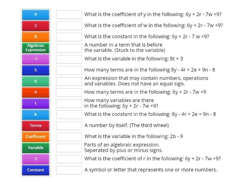 Algebraic Expressions Vocabulary - Match up