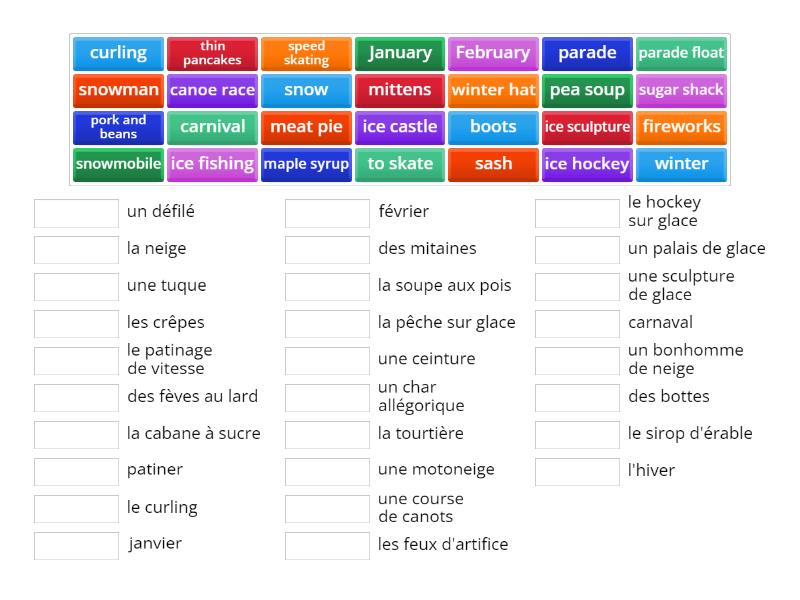 Carnaval de Quebec vocabulaire - Match up