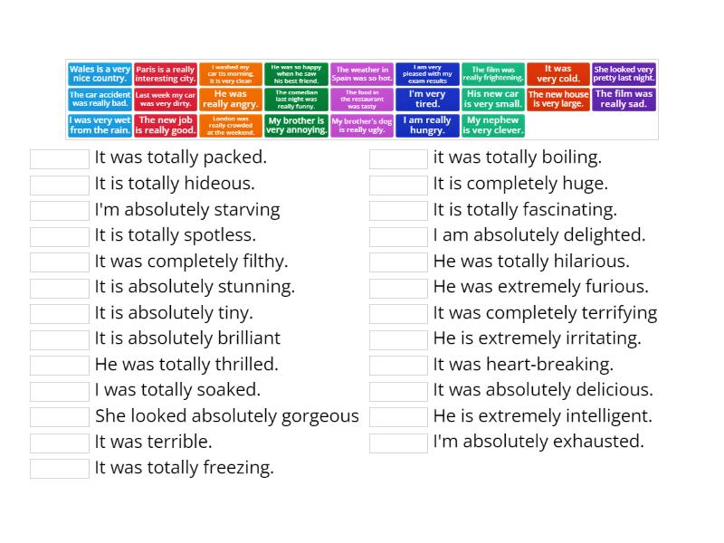 adjectives - extreme adjectives sentences - Associação