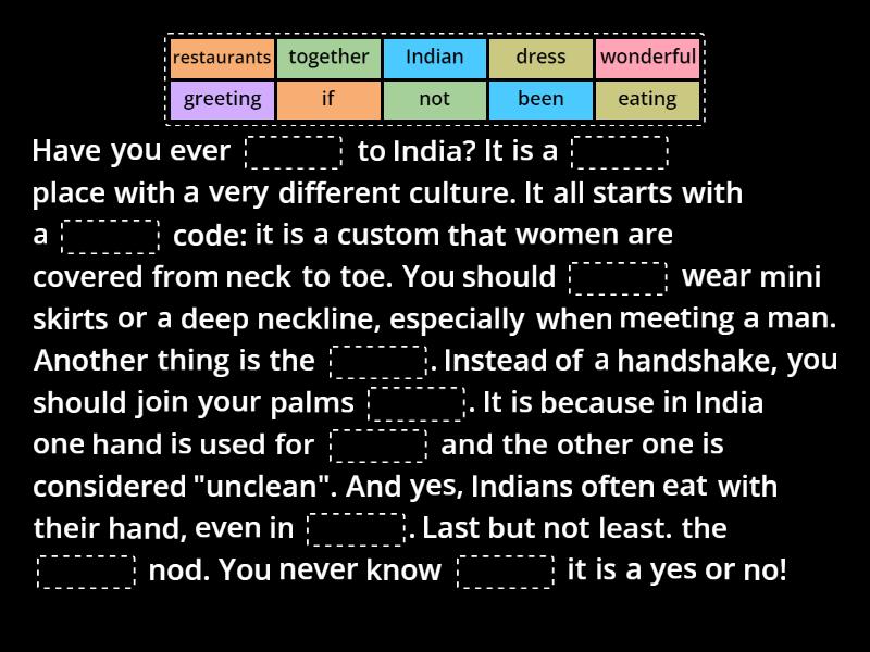 Indian culture gapfill - Complete the sentence