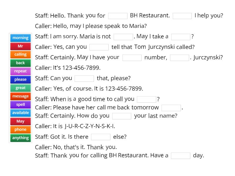 BH Taking a Message Practice - Complete the sentence