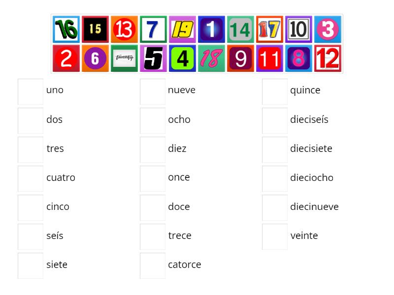 Spanish Numbers 1-20 - Match up