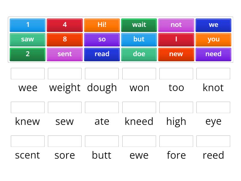 Homophones- word for word (one syllable) - Match up