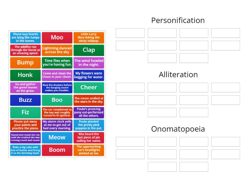 Personification, Alliteration, Onomatopoeia - Group sort