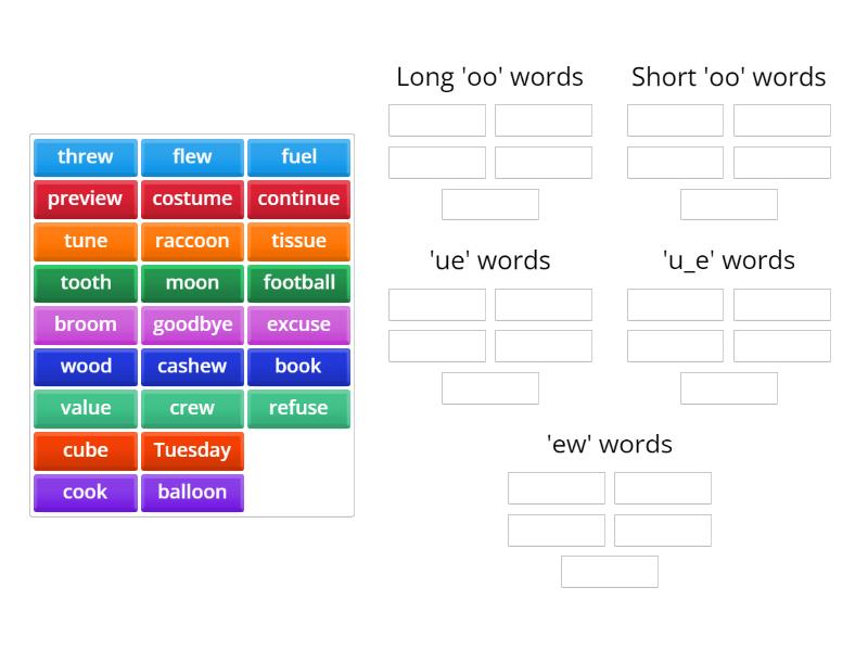 Word Sort (oo, ue, u_e, and ew words) - Group sort