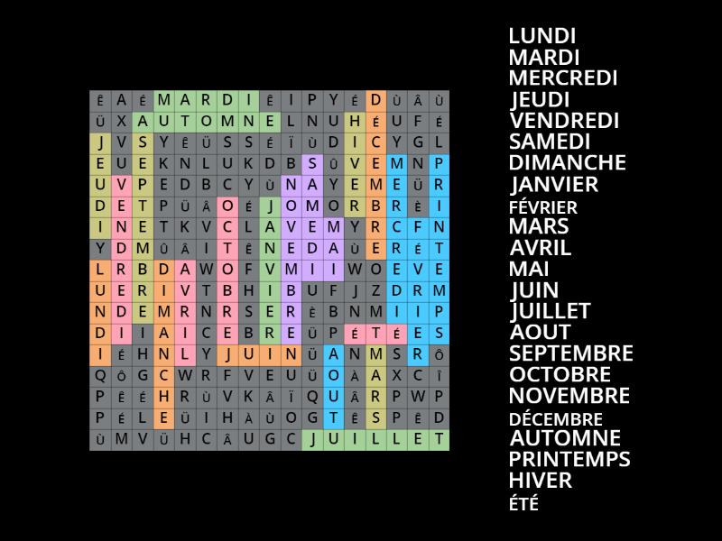 Les jours, les mois et les saisons - Wordsearch