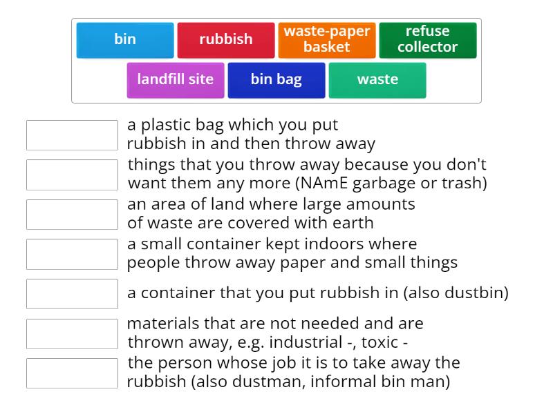 Vocabulary. Rubbish and recycling - Match up