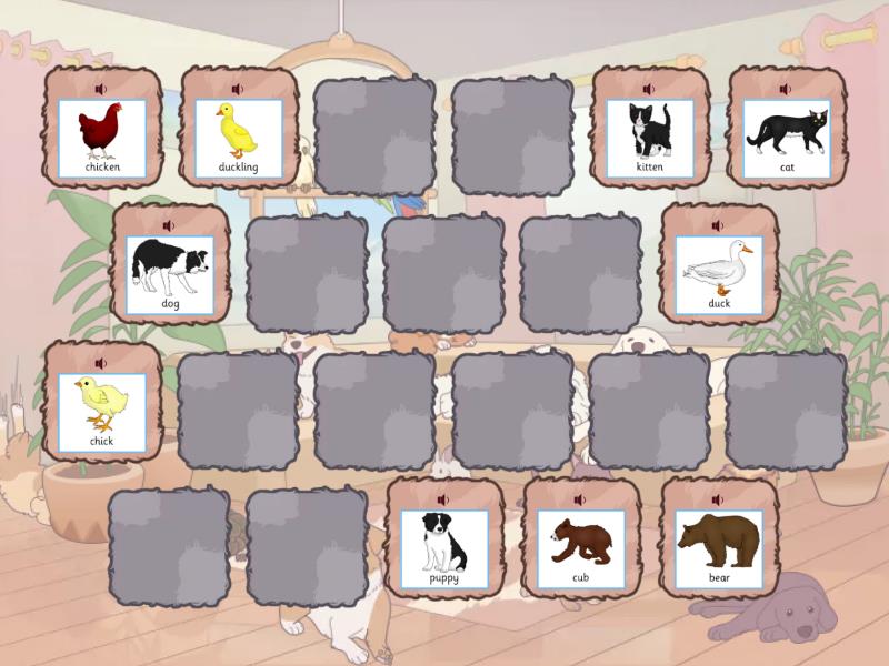 Find the correct pair of animal and its baby - Matching pairs