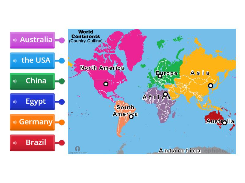 Match the country and continent - Labelled diagram
