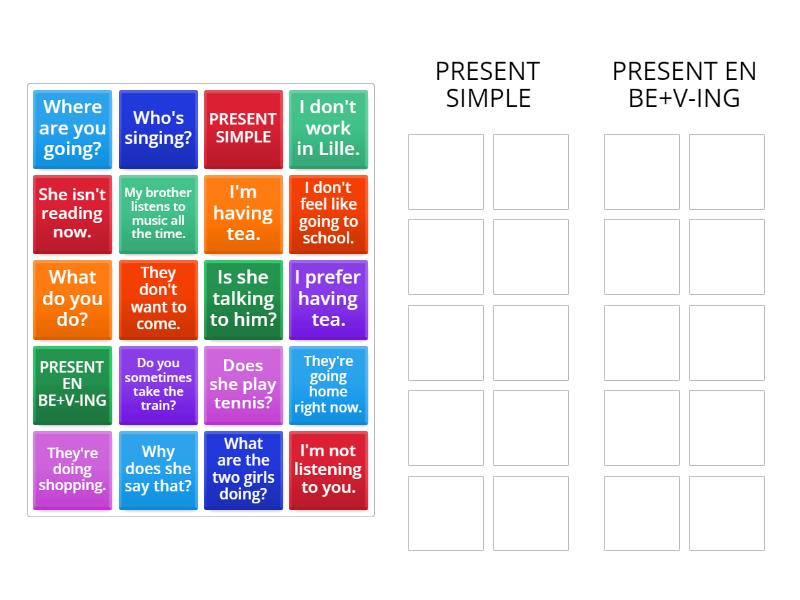 PRESENT SIMPLE ou PRESENT en BE+V-ING - Group sort