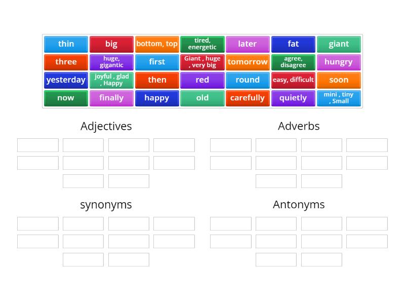 zaina adverb & adjective & synonyms & Antonyms - Group sort