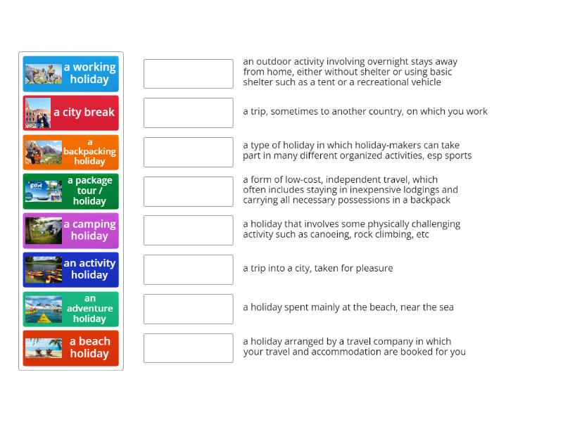 Types of holiday vocabulary - Match up