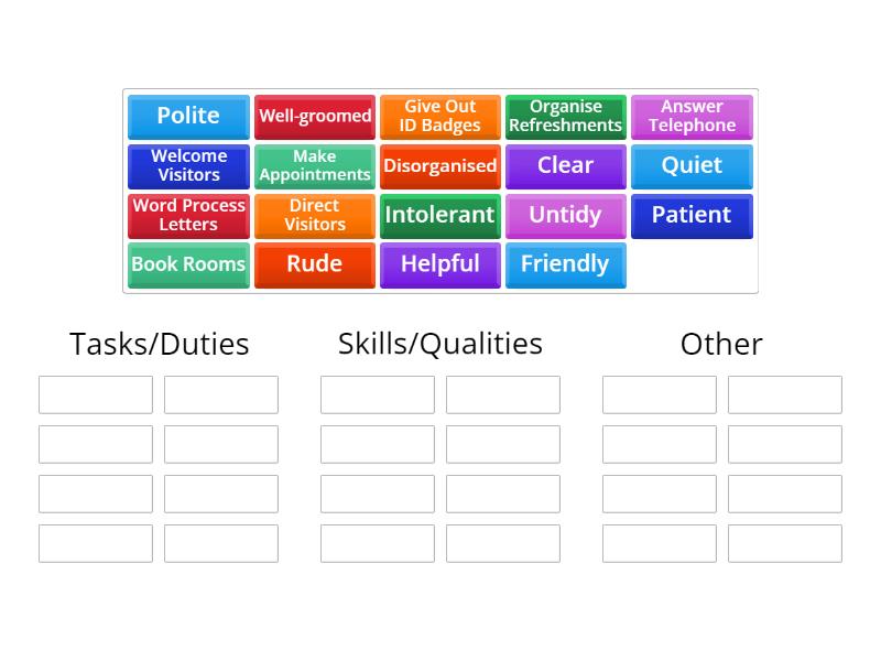 Reception - Duties/Tasks & Skills/Qualities - Group sort