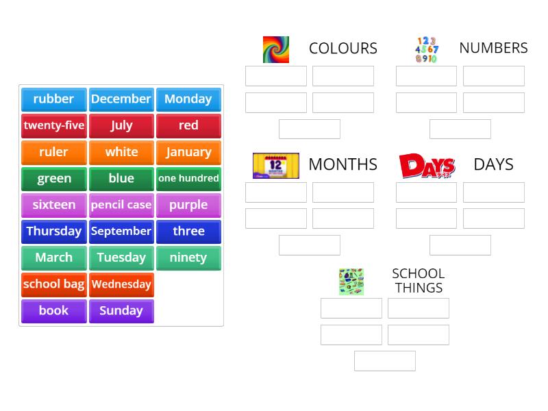 Revision of colours, numbers, school things, months & days - Group sort