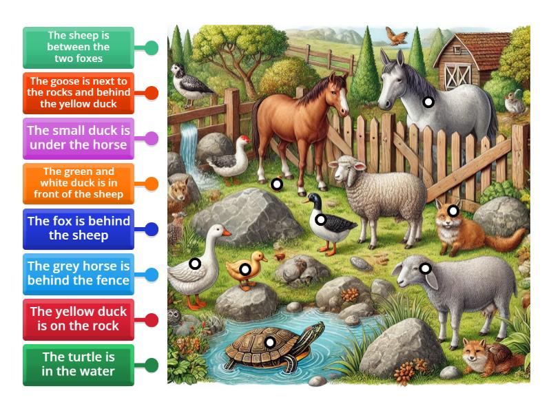 Farm animals and prepositions of place. RAS 2 unit 3 - Labelled diagram