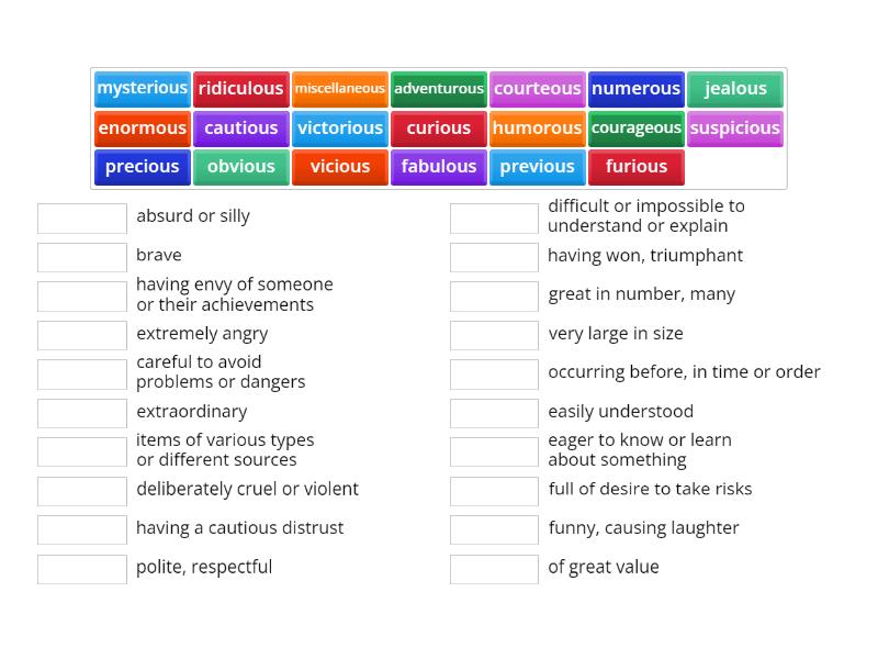 Definitions of -ous, -ious, and -eous words - Match up