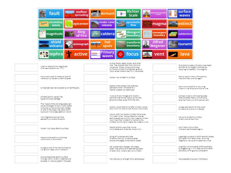 Plate Tectonics, Earthquakes, & Volcanoes Review - Une las parejas