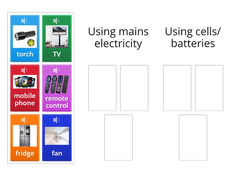 Unit 7: Electricity - : Mains electricity / Cells or batteries - Group sort