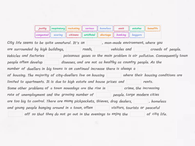 Some problems of big cities - Complete the sentence
