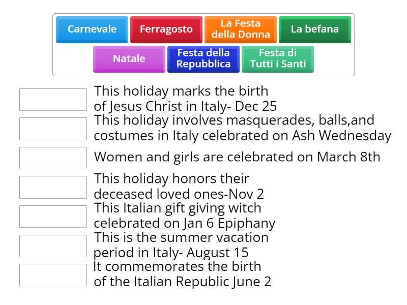 Italian Holidays, Customs and Traditions - Match up