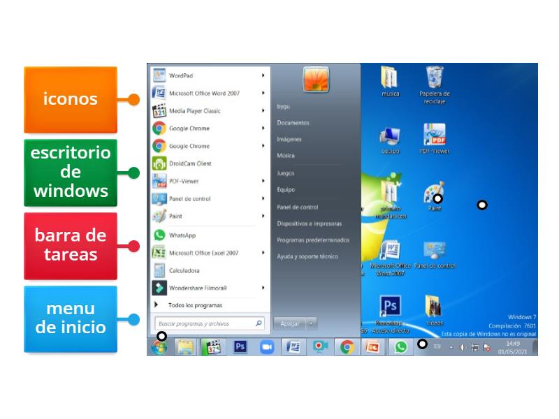 partes del escritorio de Windows - Labelled diagram