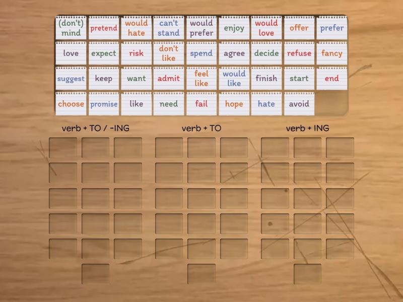 verb + infinitive or verb + -ing - Group sort