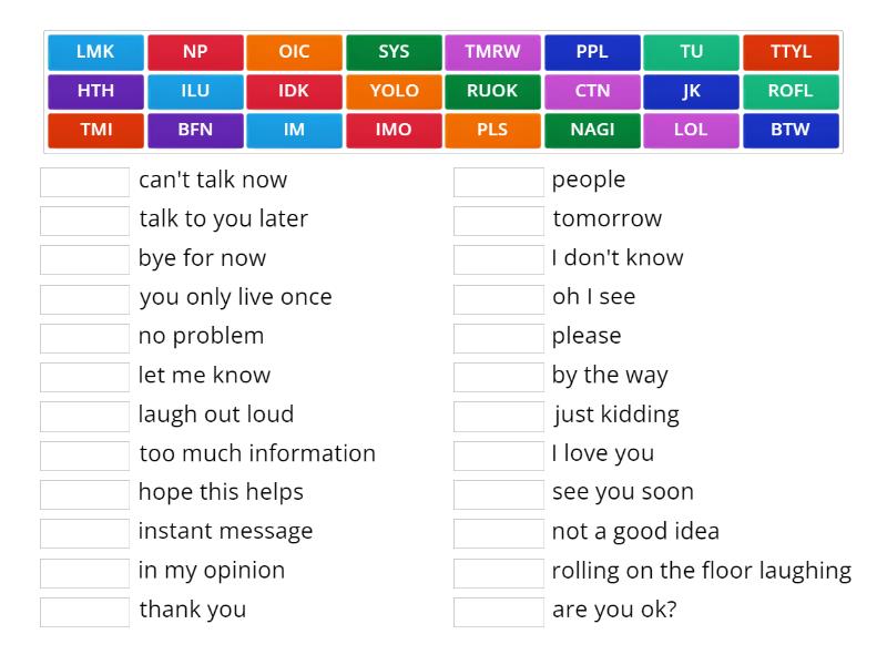 Texting acronyms and abbreviations - Match up