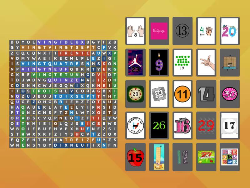 Cherche mots : Les nombres de un à trente-et-un - Wordsearch