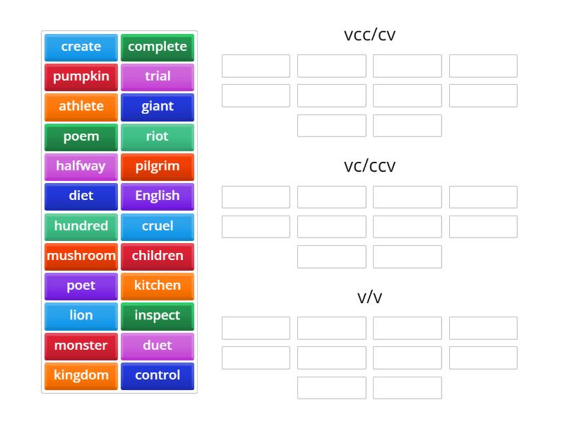 sort 16 syllable juncture in vcccv and vv patterns - Group sort