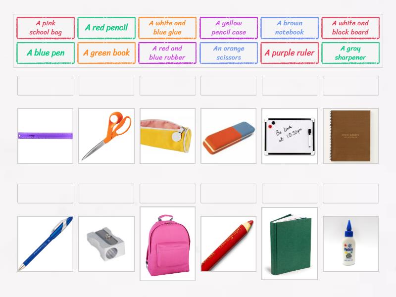 School objects and colours. - Match up