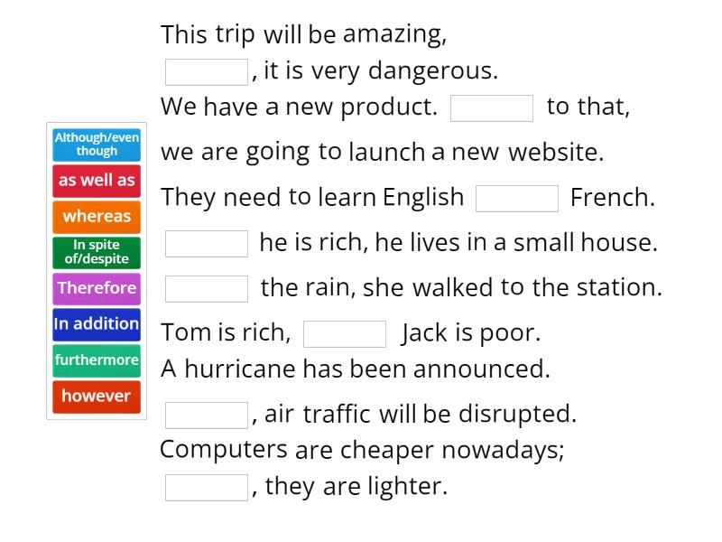 WS - Excelent Linking Words activity - Complete the sentence