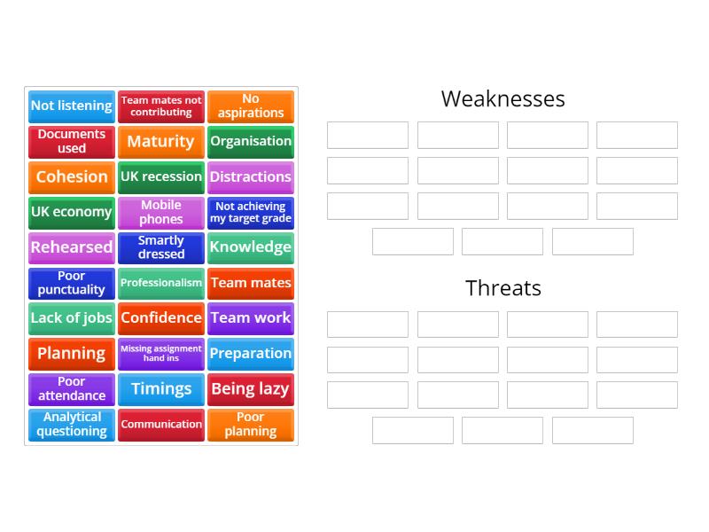 Identify the possible weaknesses and threats from your interviews. - Group sort