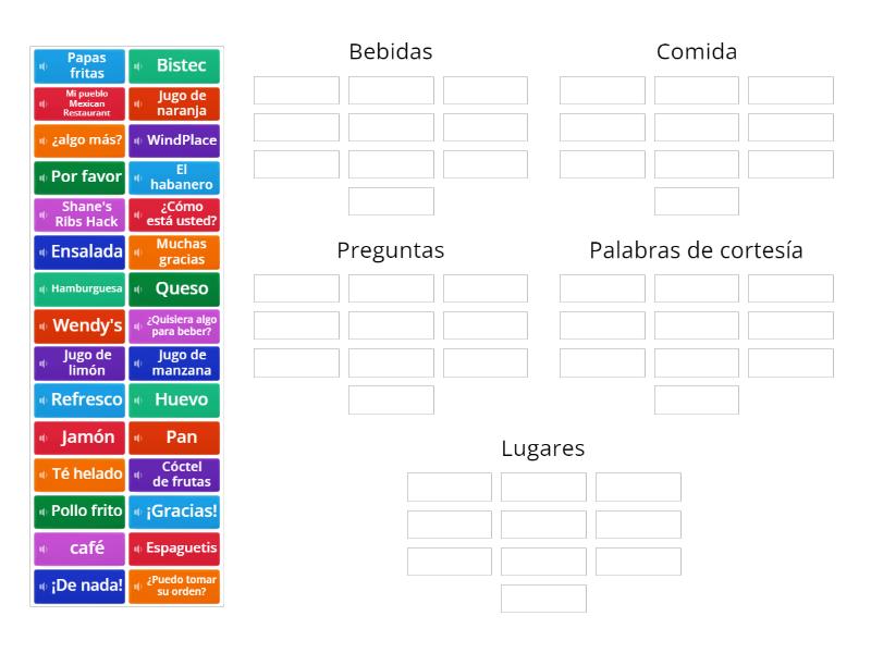 Spanish 1. La comida. Grupo de palabras 2 - Group sort