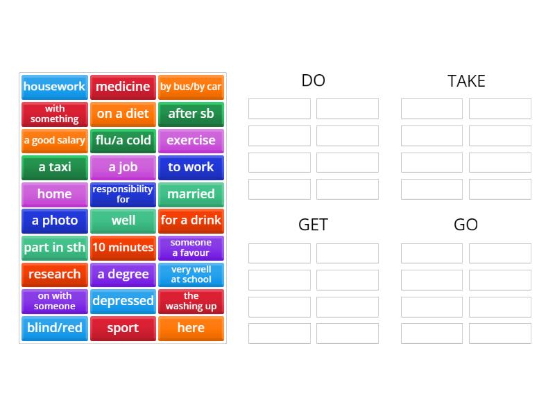 Speakout Intermediate unit 1 - phrases with do/take/get/go - Group sort