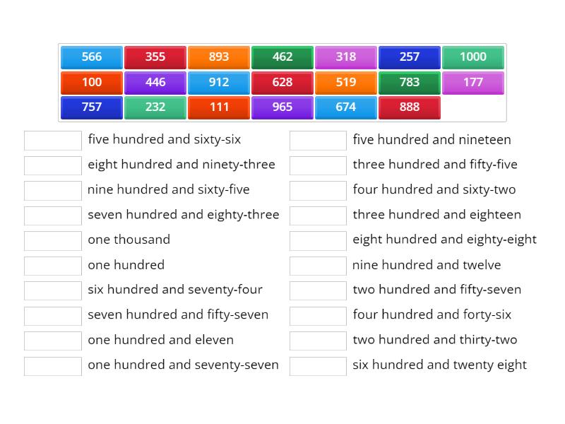 Spelling numbers 100-1000 - Match up
