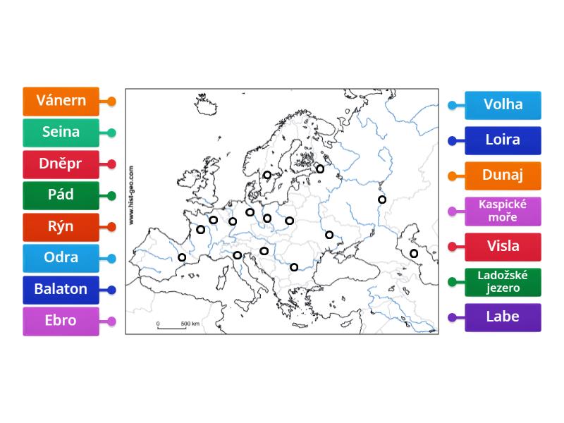 Vodstvo Evropy - řeky, jezera - Labelled diagram