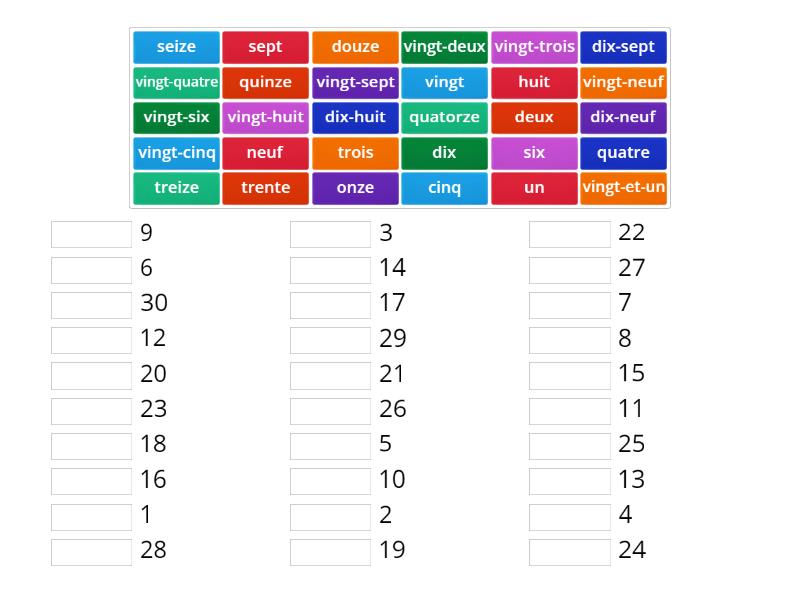 French Numbers to 30 - Match up