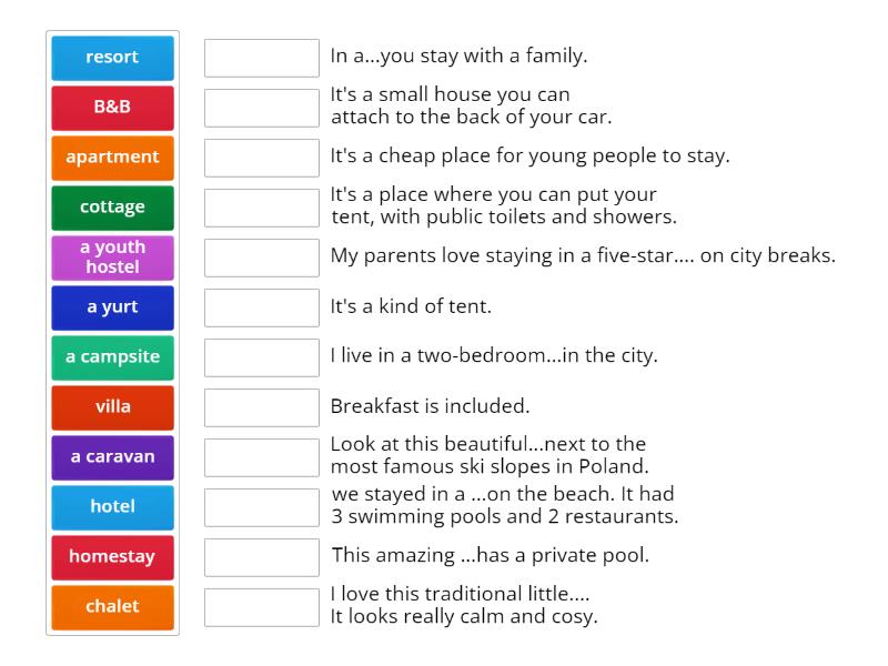 Types of accomodation. Link 7. Unit 3 - Match up