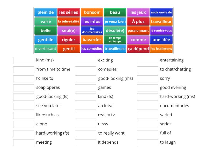 Y8 French Summer 1 A-C word lists 2023-24 - Match up