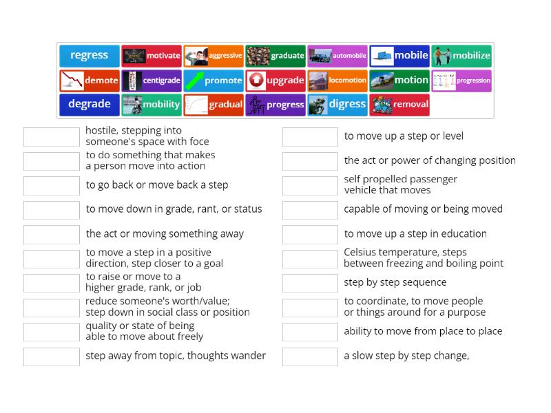 mob, mot, grad, gress Root Words - Une las parejas