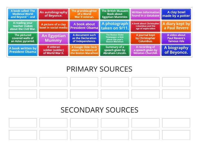 Primary and Secondary Sources Grade 5 - Group sort