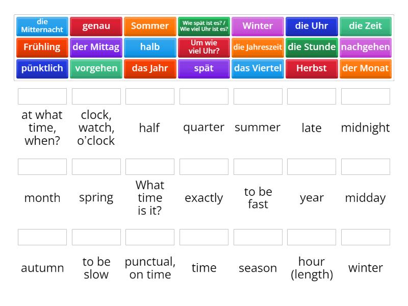 AQA GCSE German vocabulary - seasons and the clock - Match up