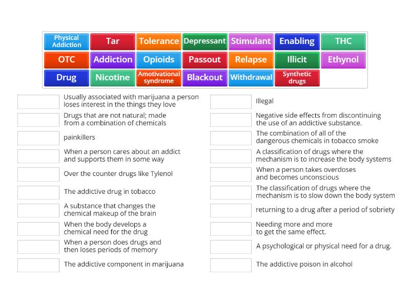 6th/7th grade vocabulary drug review - Match up