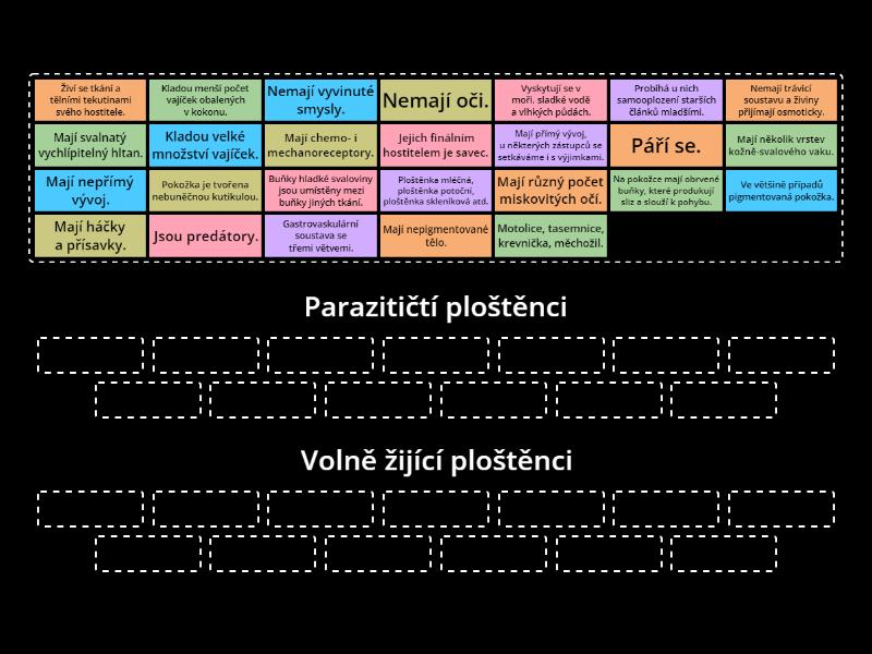 Ploštěnci - Parazité vs. volně žijící - Group sort