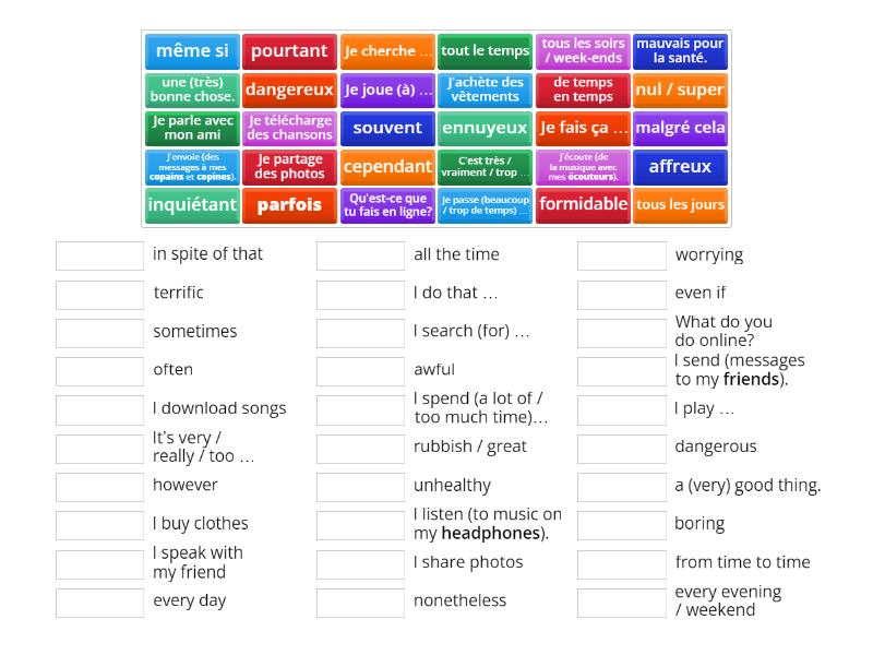 2. Qu'est-ce que tu fais en ligne? vocabulary (8-9) - Match up