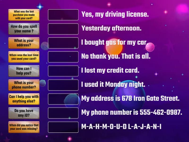 Understanding the Bank Teller’s Questions - Match up