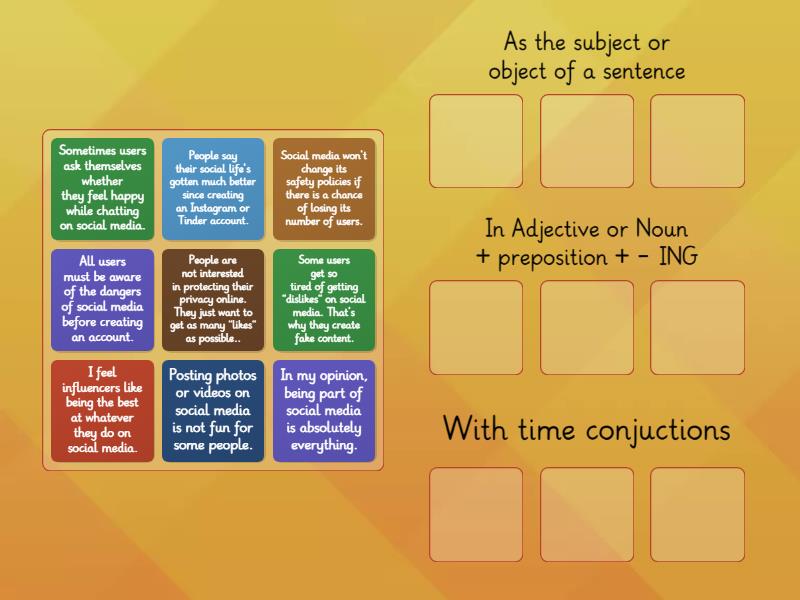 Uses of -ING Forms - Ordenar por grupo