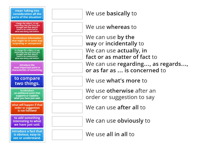 Discourse markers – linking words - Match up